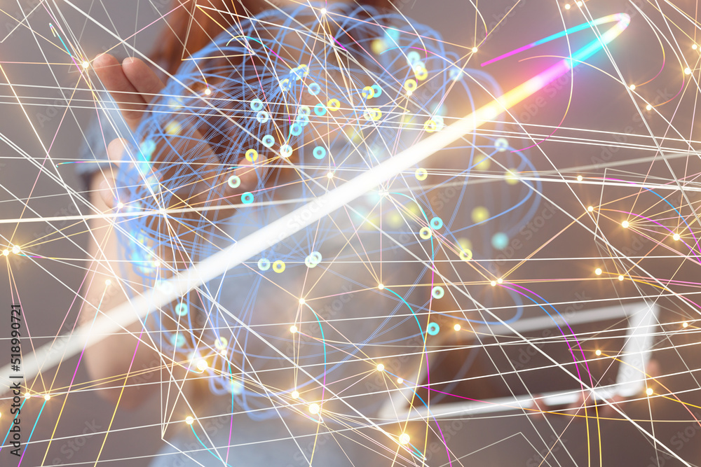Global network. Blockchain. 3D illustration. Neural networks and ...