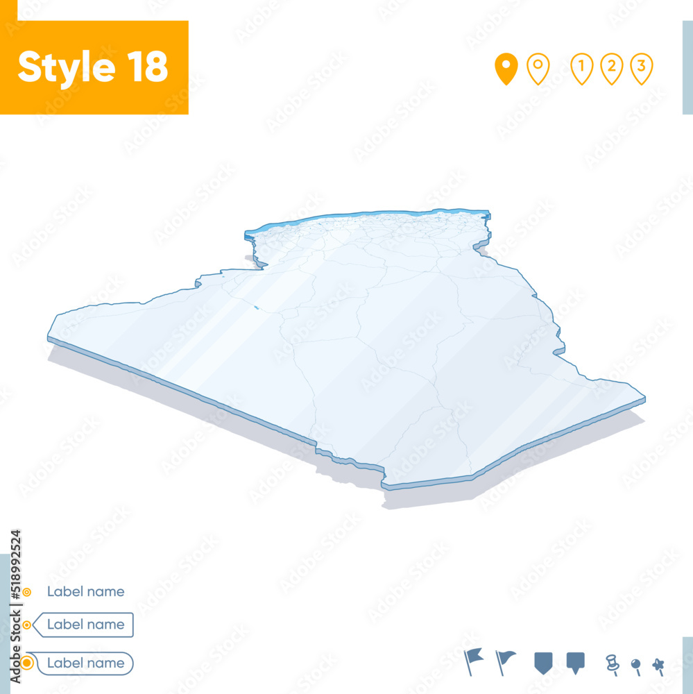 Algeria - 3d map on white background with water and roads. Vector map ...