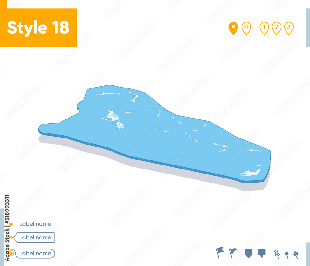 Bahamas - 3d map on white background with water and roads. Vector map ...