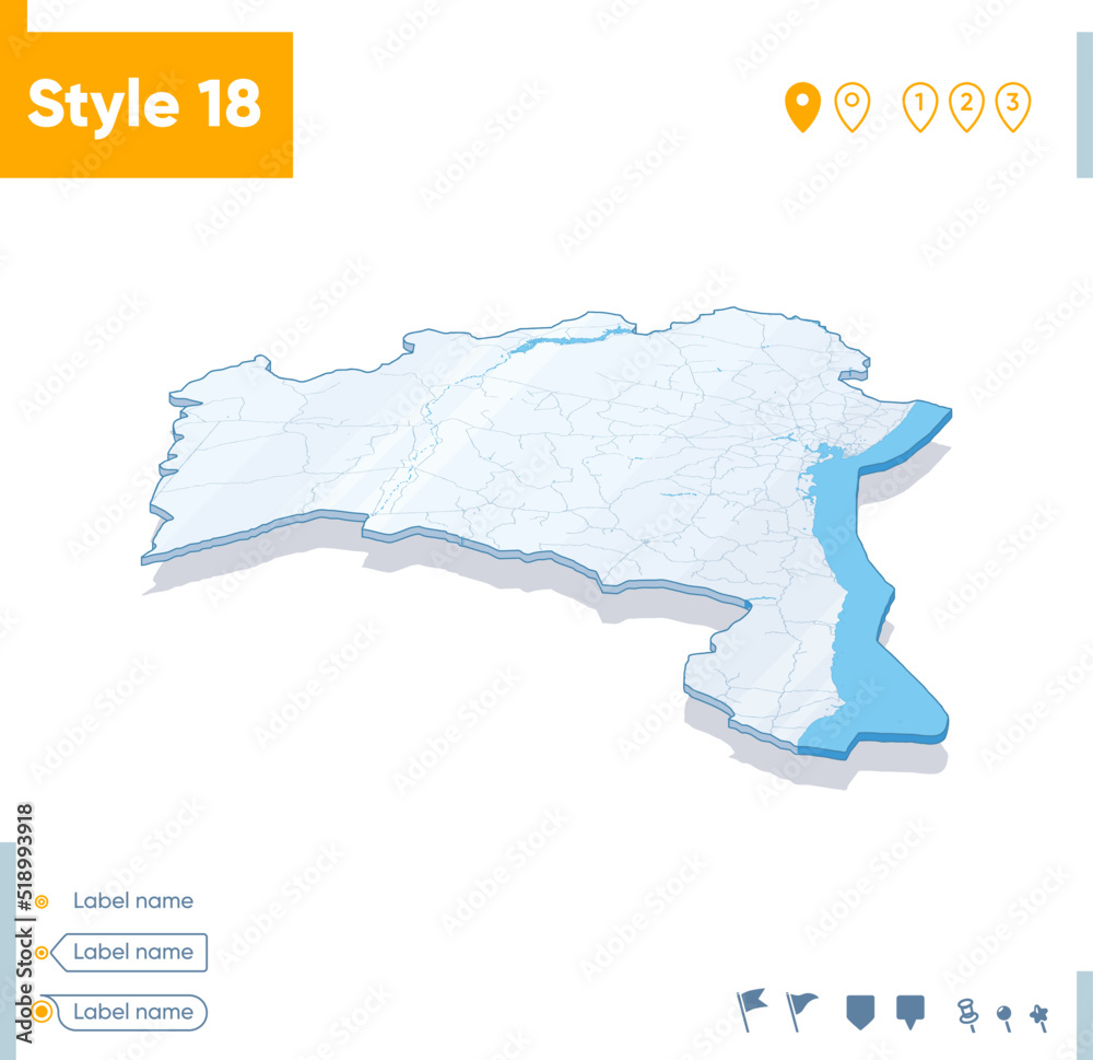 Bahia, Brazil - 3d map on white background with water and roads. Vector ...