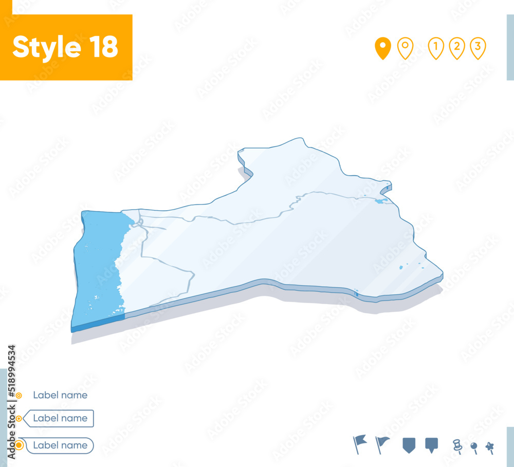 Arica Y Parinacota, Chile - 3d map on white background with water and ...