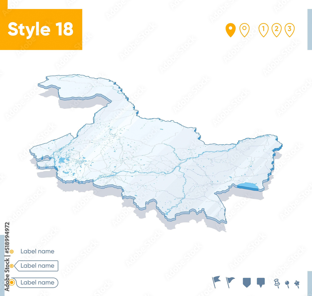 Heilongjiang, China - 3d map on white background with water and roads ...