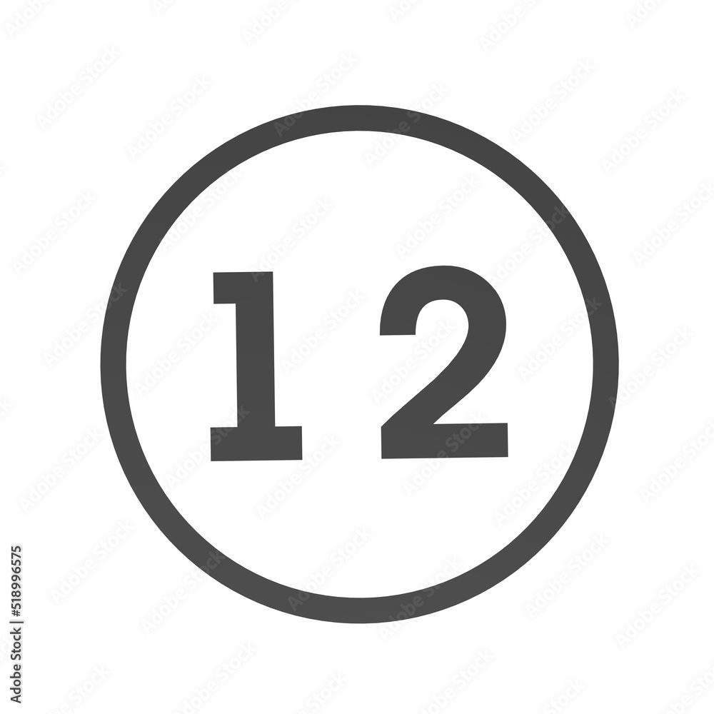 Gray number 12 in a circle on a white background. Numbers and numbers ...