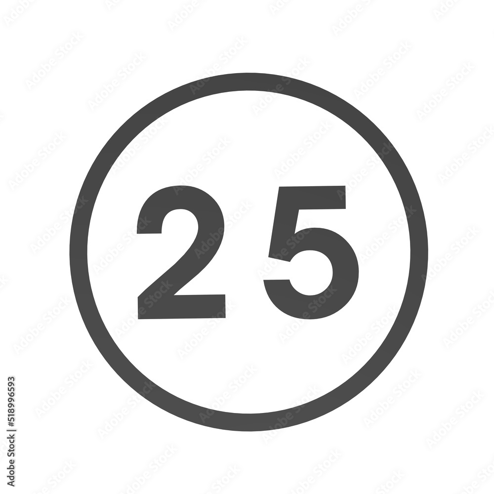 Gray number 25 in a circle on a white background. Numbers and numbers ...