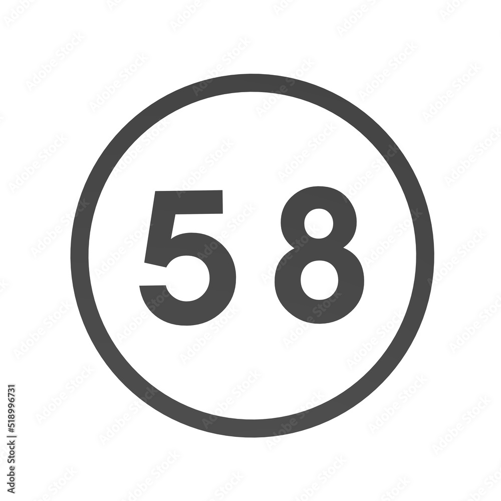 Gray number 58 in a circle on a white background. Numbers and numbers ...