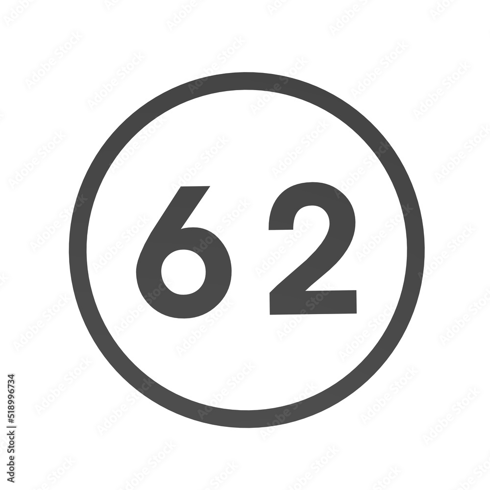 Gray number 62 in a circle on a white background. Numbers and numbers ...