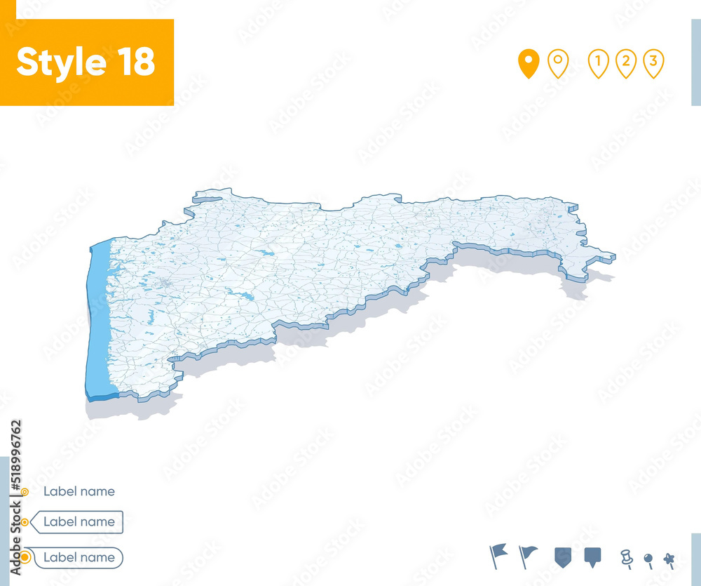 Maharashtra, India - 3d map on white background with water and roads ...