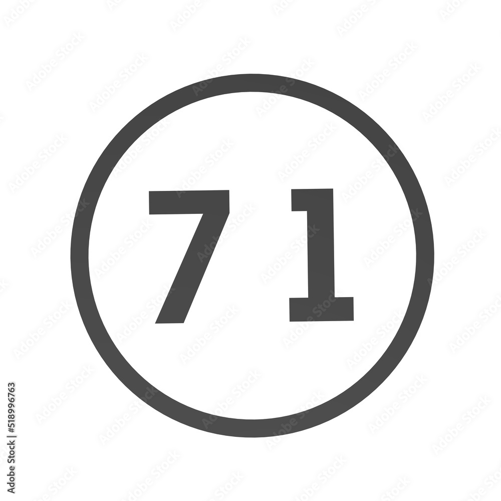Gray number 71 in a circle on a white background. Numbers and numbers ...