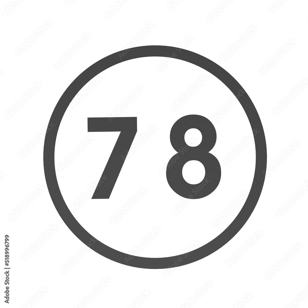 Gray number 78 in a circle on a white background. Numbers and numbers ...