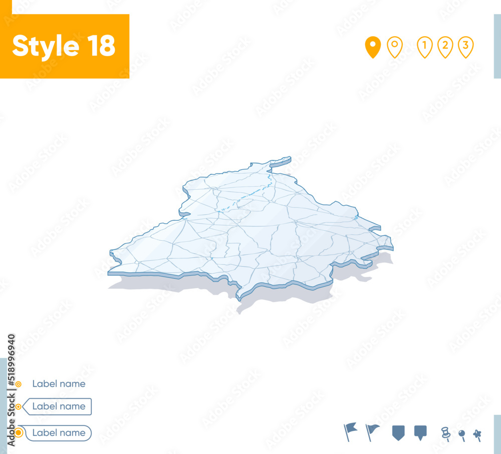 Punjab, India - 3d map on white background with water and roads. Vector ...
