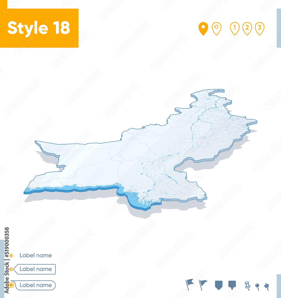 Pakistan - 3d map on white background with water and roads. Vector map ...