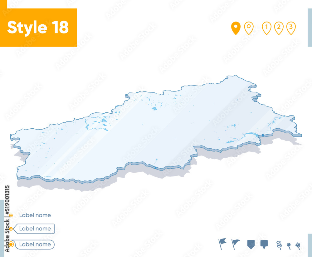 Tver Region, Russia - 3d map on white background with water and roads ...