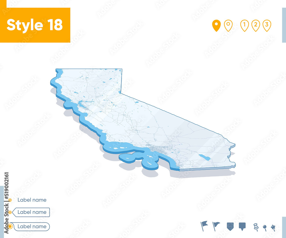 California, USA - 3d map on white background with water and roads ...