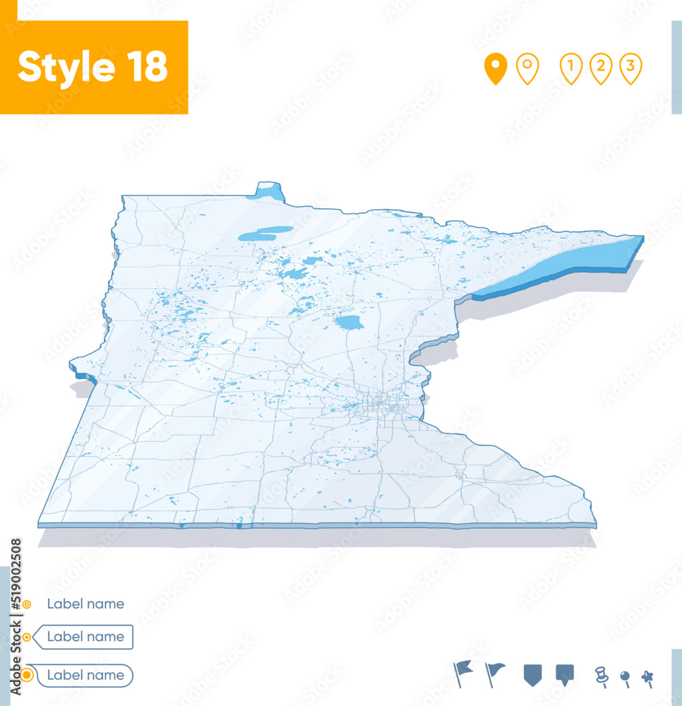 Minnesota, USA - 3d map on white background with water and roads ...