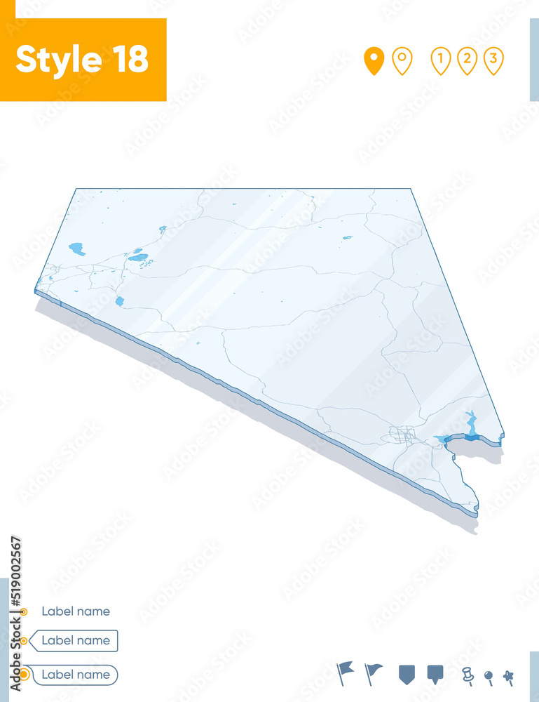 Nevada, USA - 3d map on white background with water and roads. Vector ...