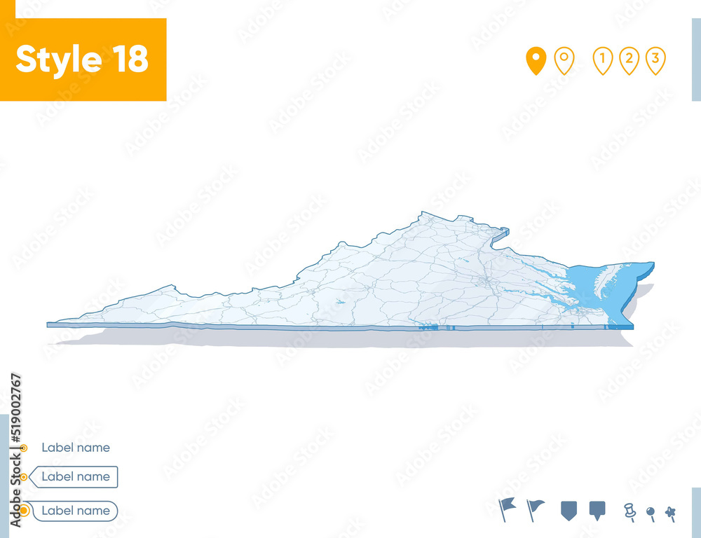 Virginia, USA - 3d map on white background with water and roads. Vector ...