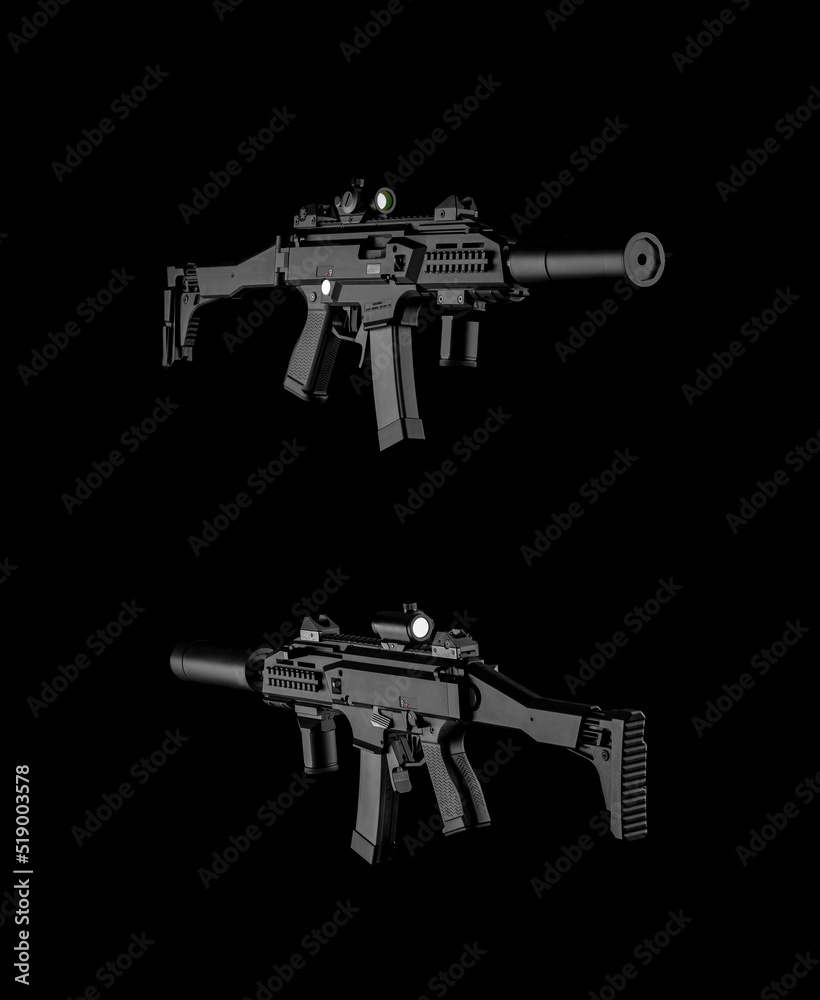 Modern automatic rifle isolated on black background. Weapons for police ...