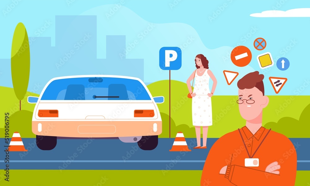 Annoyed auto instructor. Annoying driver student and sad teacher ...