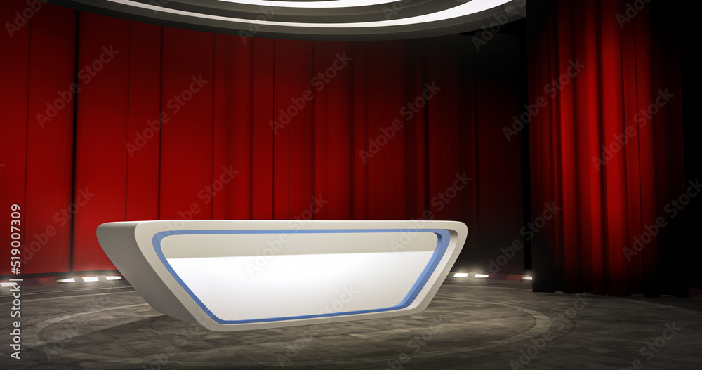 Virtual studio background with a desk and red curtains. 3D rendering ...