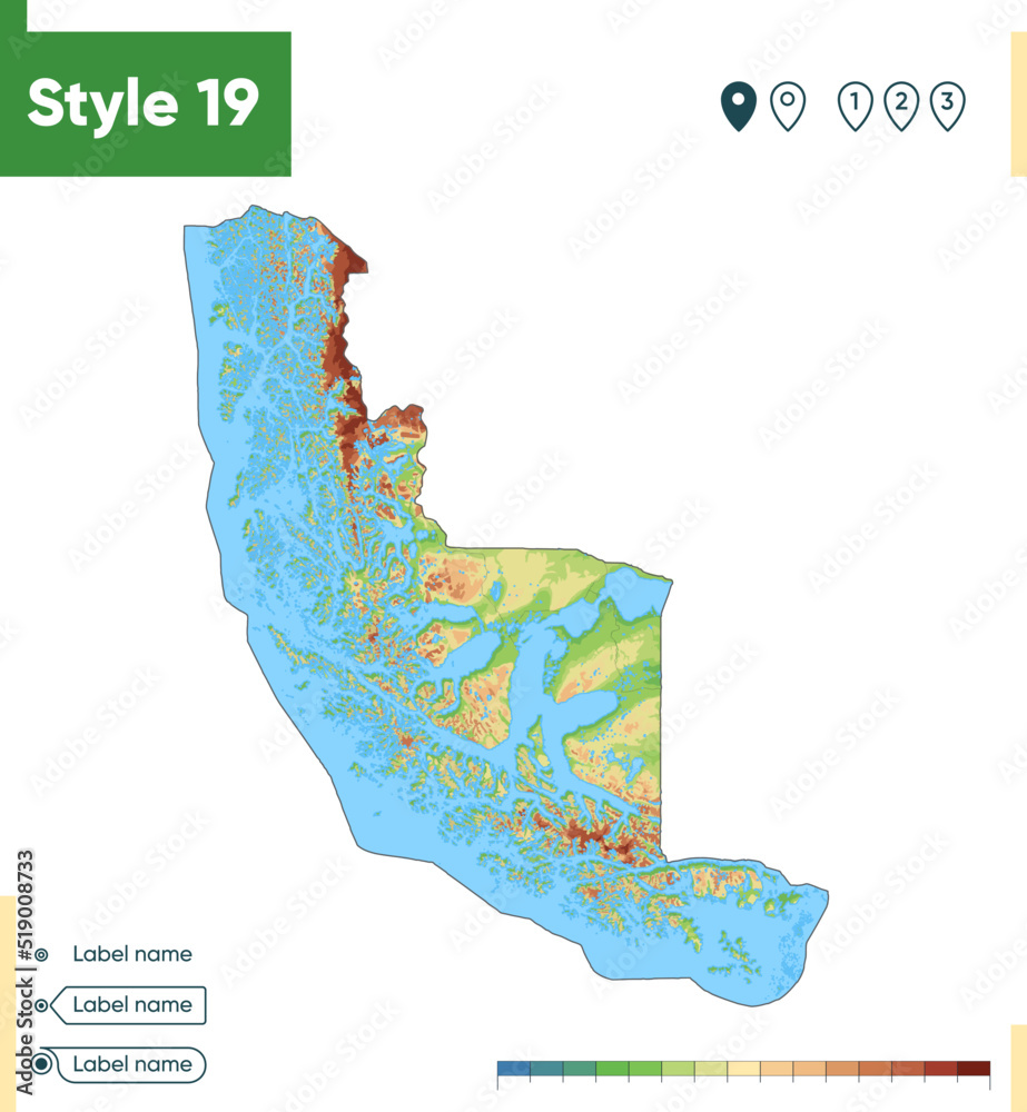 Magallanes, Chile - high detailed physical map. Vector map. Dem map ... Magallanes, Chile - high detailed physical map. Vector map. Dem map ...