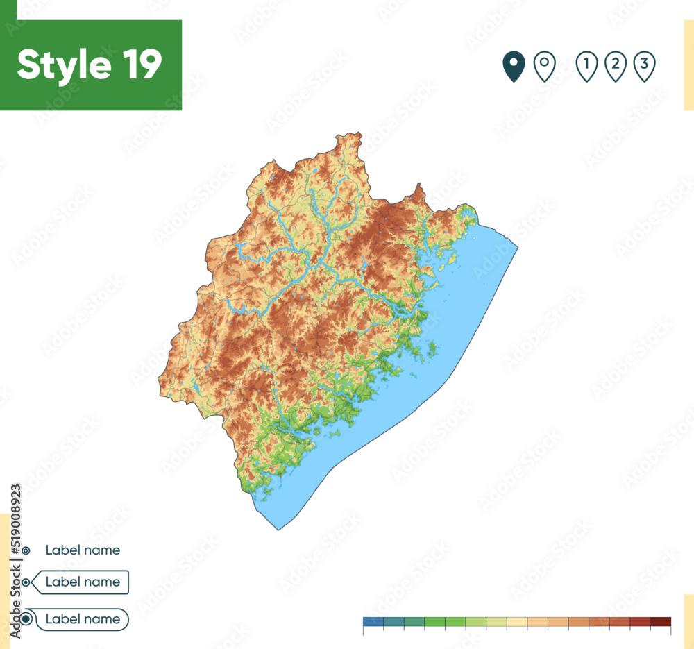 Fujian, China - high detailed physical map. Vector map. Dem map. Stock ...