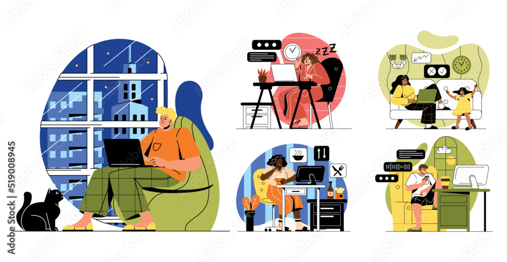 Set of Remote work disadvantages. Male and female freelancers ...