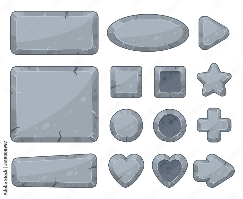 Vetor de Cartoon stone frames, arrows and game app buttons. Granite ...