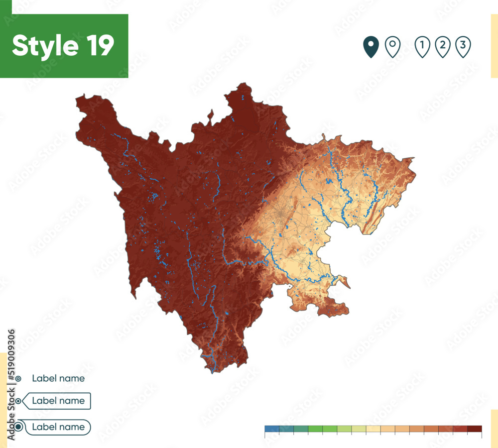Sichuan, China - high detailed physical map. Vector map. Dem map. Stock ...