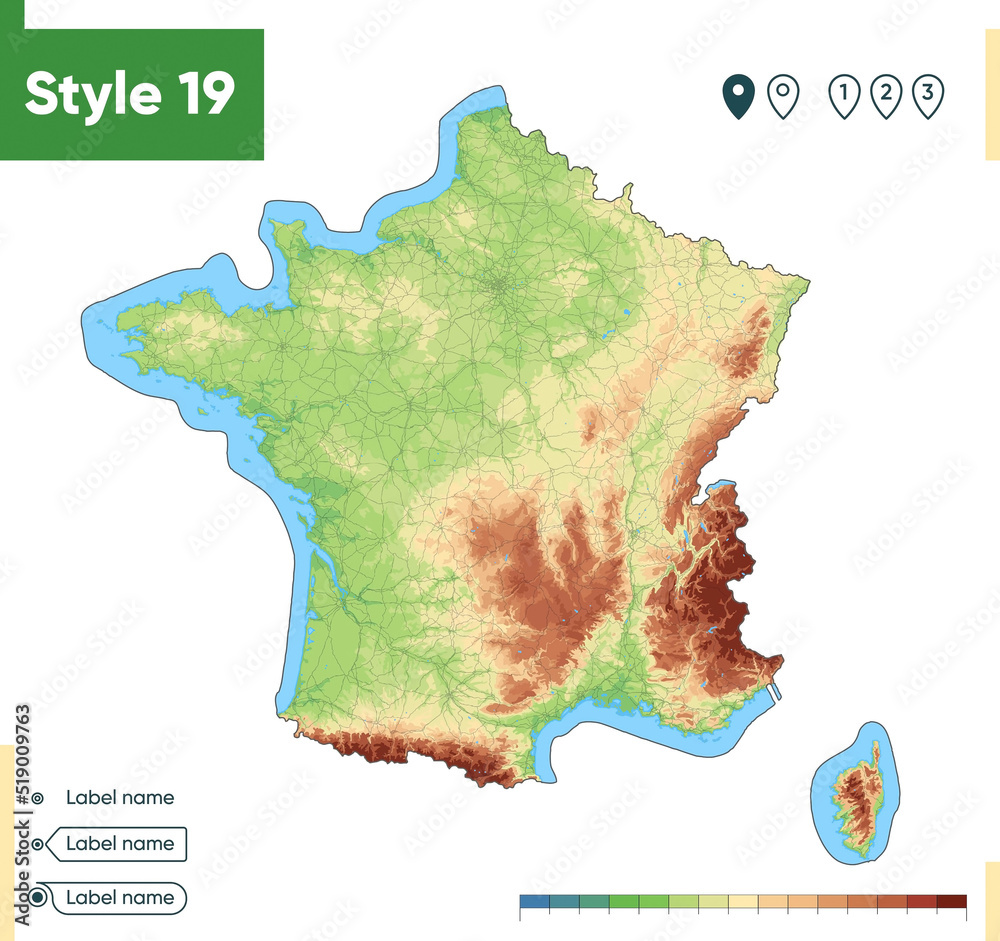 France - high detailed physical map. Vector map. Dem map. Stock Vector ...