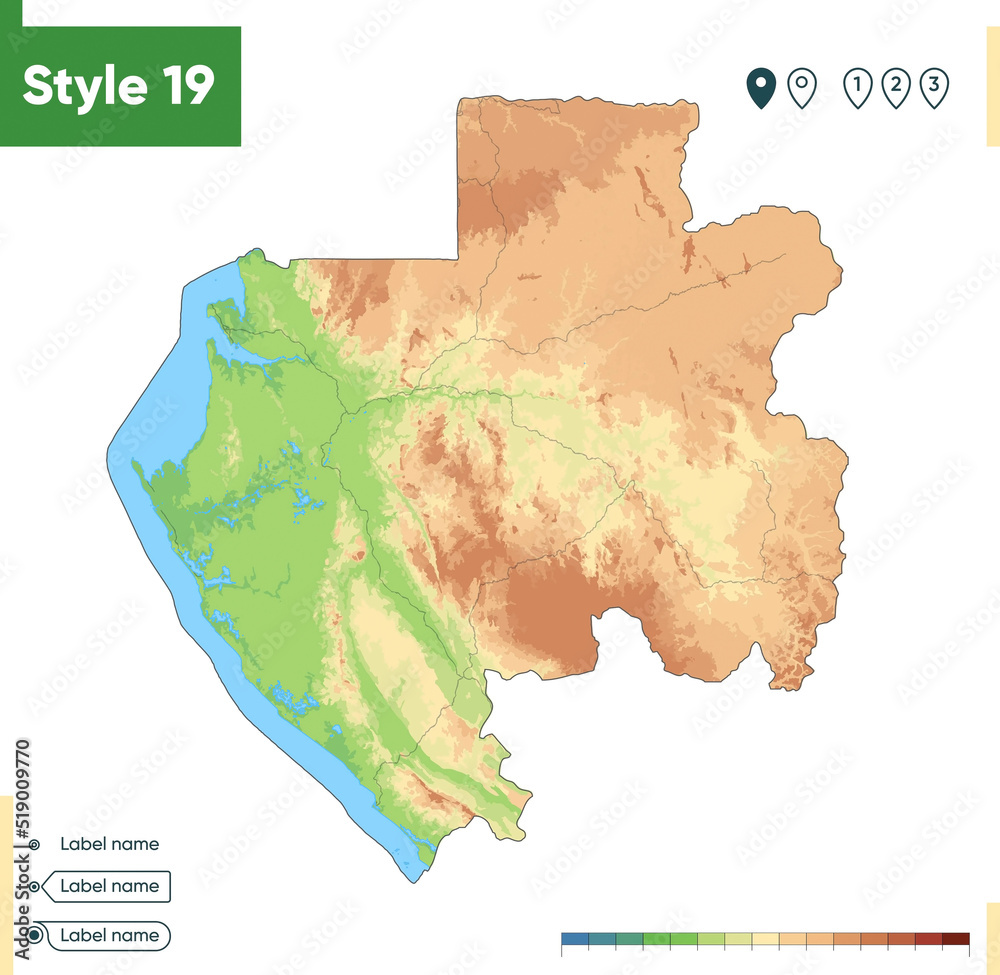 Gabon - high detailed physical map. Vector map. Dem map. Stock Vector ...