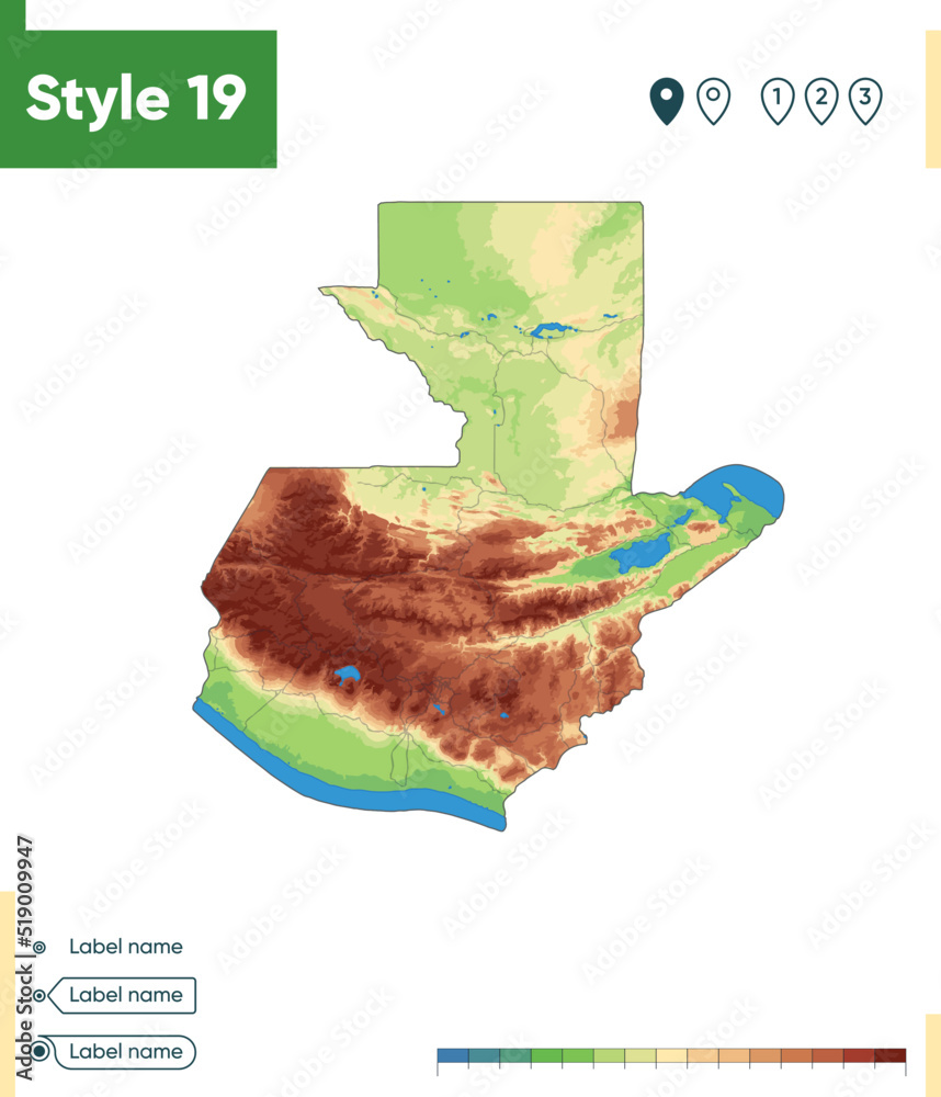 Guatemala - high detailed physical map. Vector map. Dem map. Stock ...