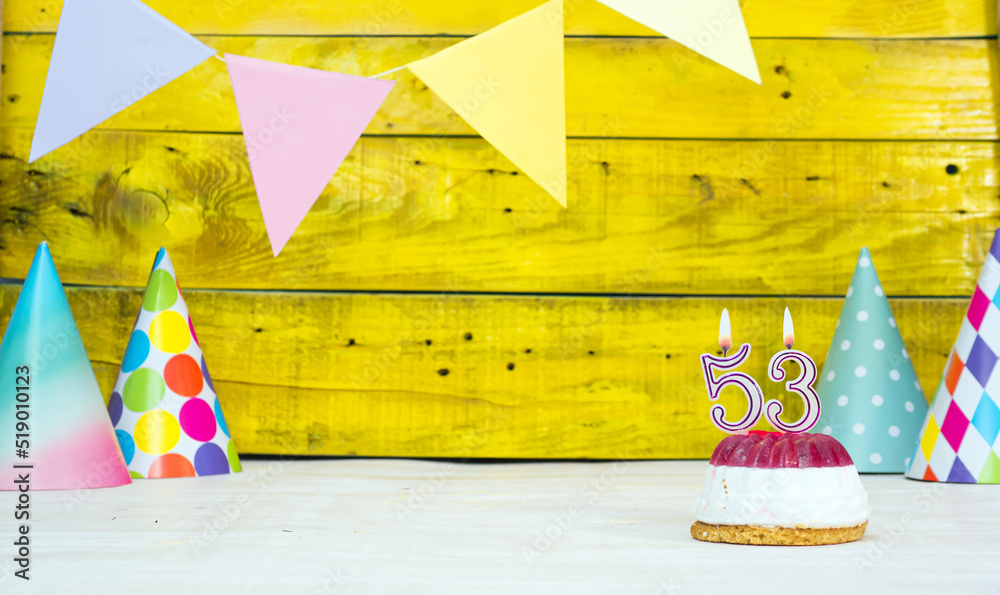 Colorful card happy birthday with festive decorations with cake and ...