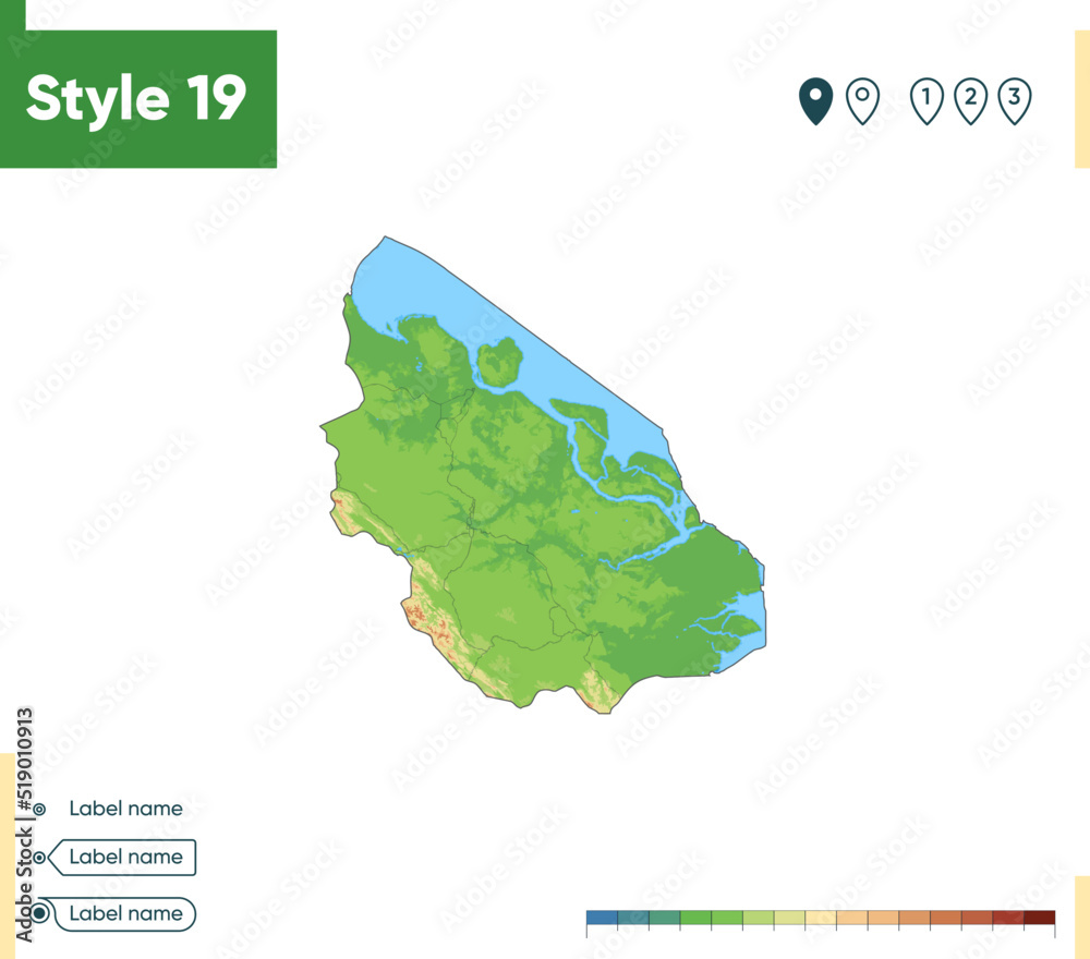 Riau, Indonesia - high detailed physical map. Vector map. Dem map ...