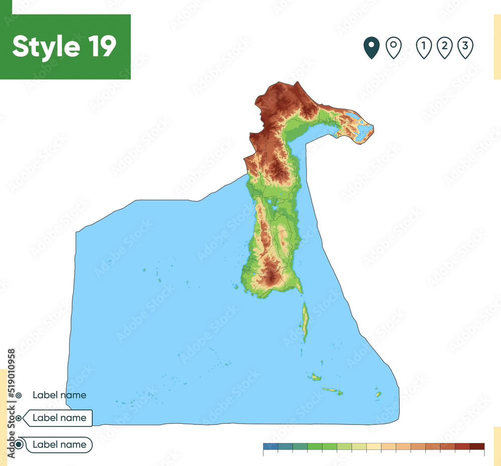 South Sulawesi, Indonesia - high detailed physical map. Vector map. Dem ...