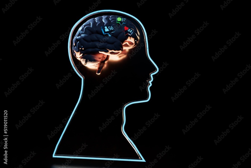 nervous system. human brain research. nerve endings, neural connections. illuminated silhouette ...