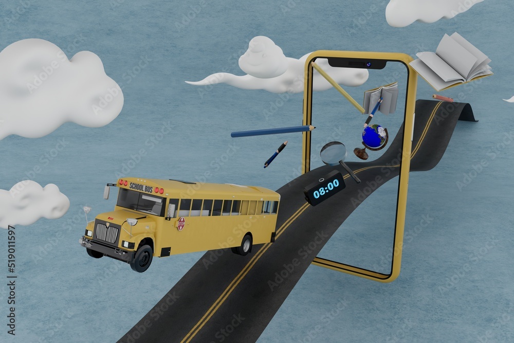 road to school. online learning on smartphone. school bus on the road ...