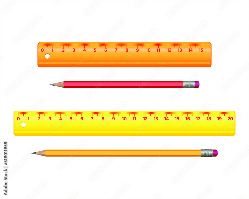 Pencils and rulers isolated on white background. Collection of ...