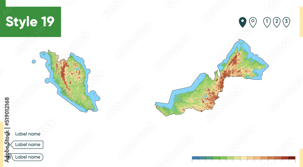 Malaysia - high detailed physical map. Vector map. Dem map. Stock ...