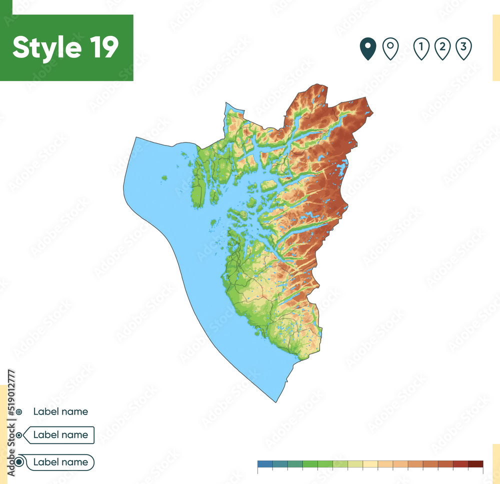Rogaland, Norway - high detailed physical map. Vector map. Dem map ...