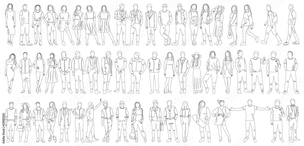 set of people sketch on white background outline isolated, vector Stock ...