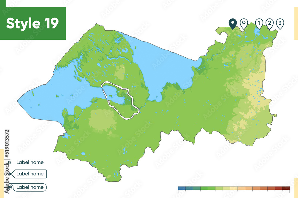 Leningrad Region, Russia - high detailed physical map. Vector map. Dem ...