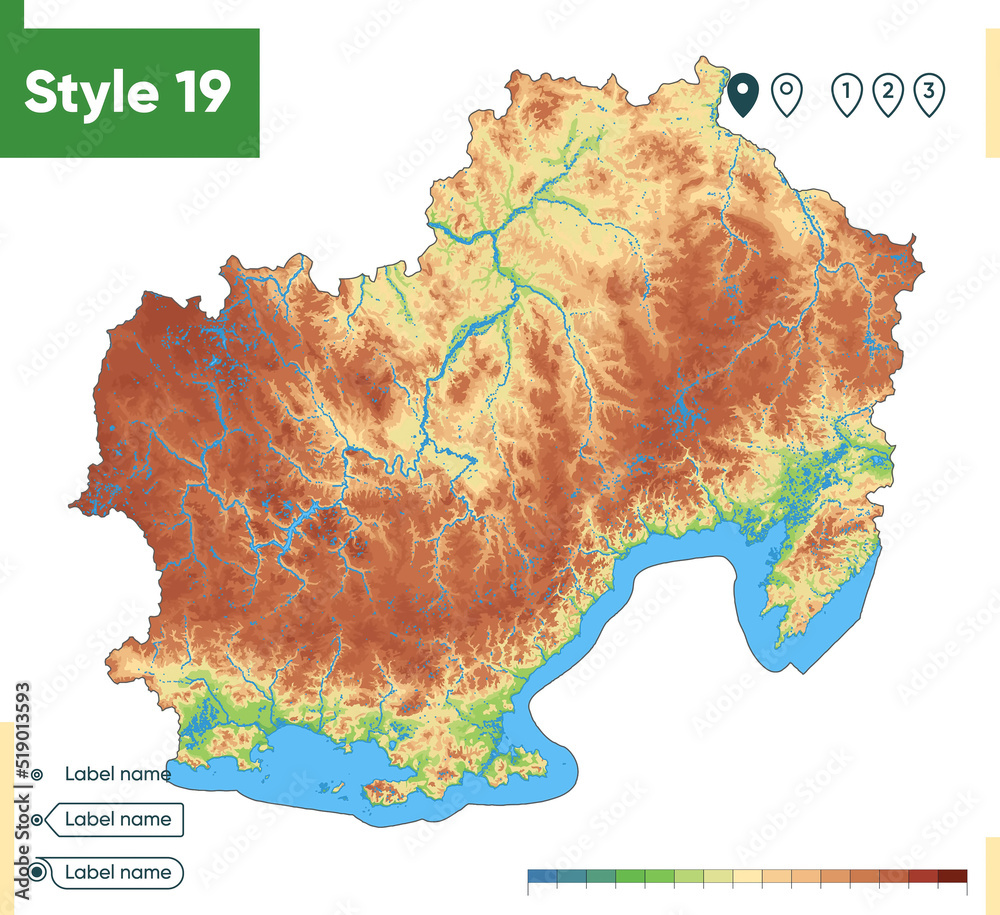 Magadan Region, Russia - high detailed physical map. Vector map. Dem ...