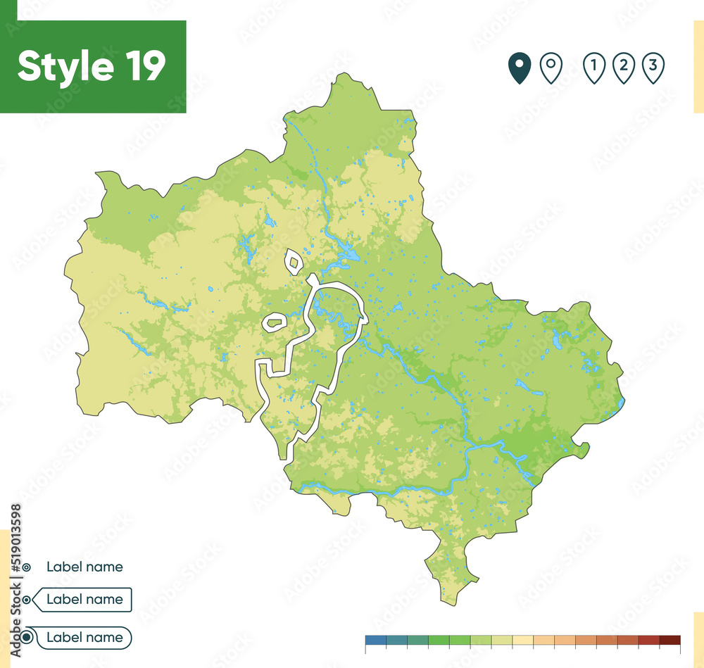 Moscow Region, Russia - high detailed physical map. Vector map. Dem map ...