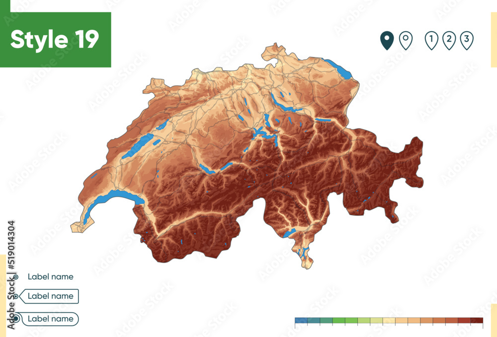 Switzerland - high detailed physical map. Vector map. Dem map. Stock ...