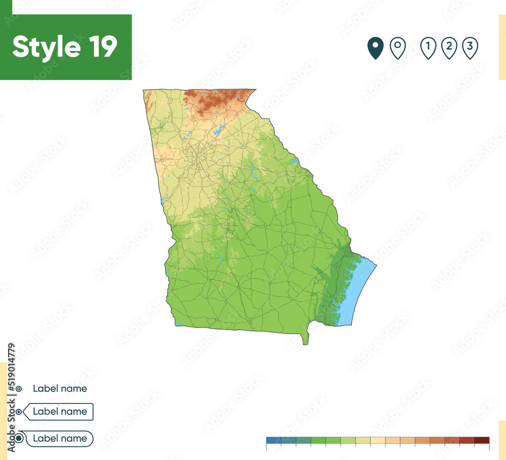Georgia, USA - high detailed physical map. Vector map. Dem map. Stock ...
