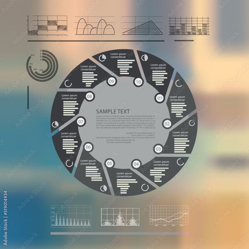 Infographic elements, graph and charts, templates with blurred ...