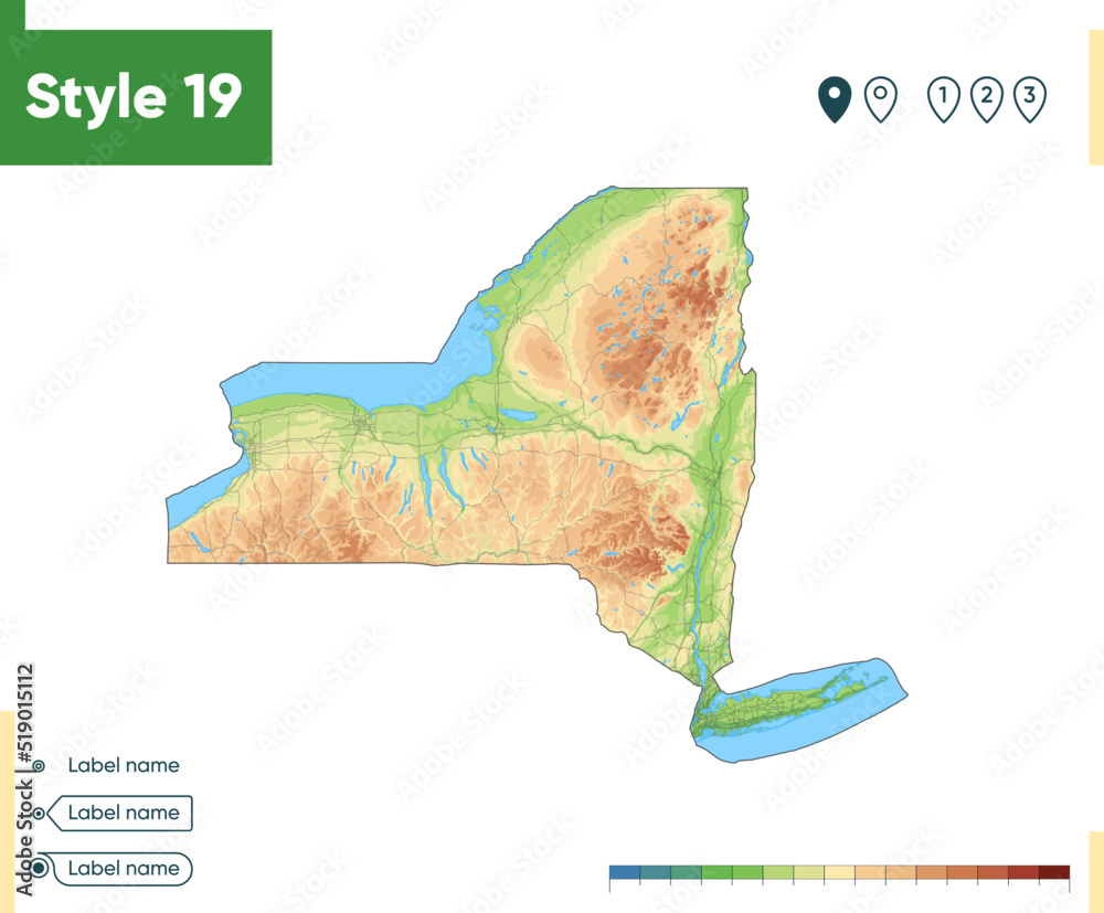 New York, USA - high detailed physical map. Vector map. Dem map. Stock ...