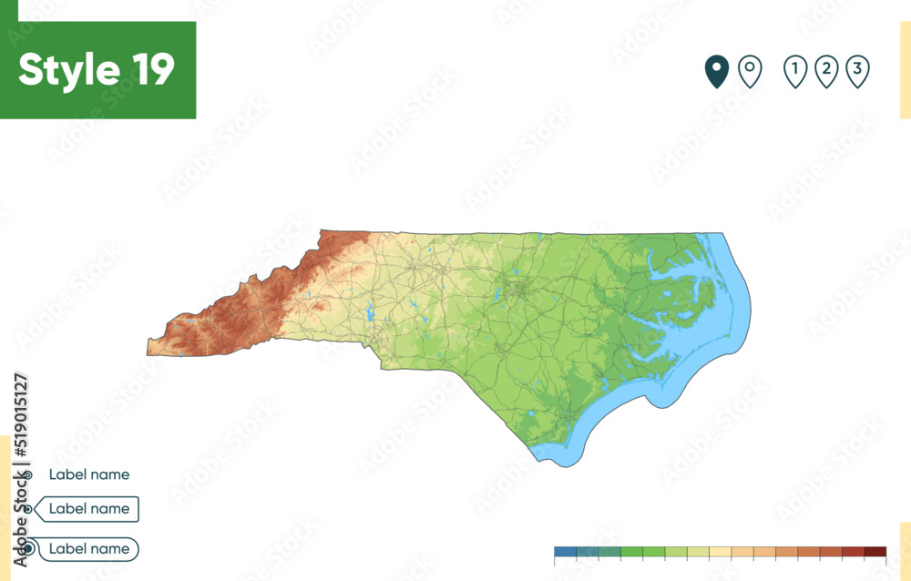North Carolina, USA - high detailed physical map. Vector map. Dem map ...