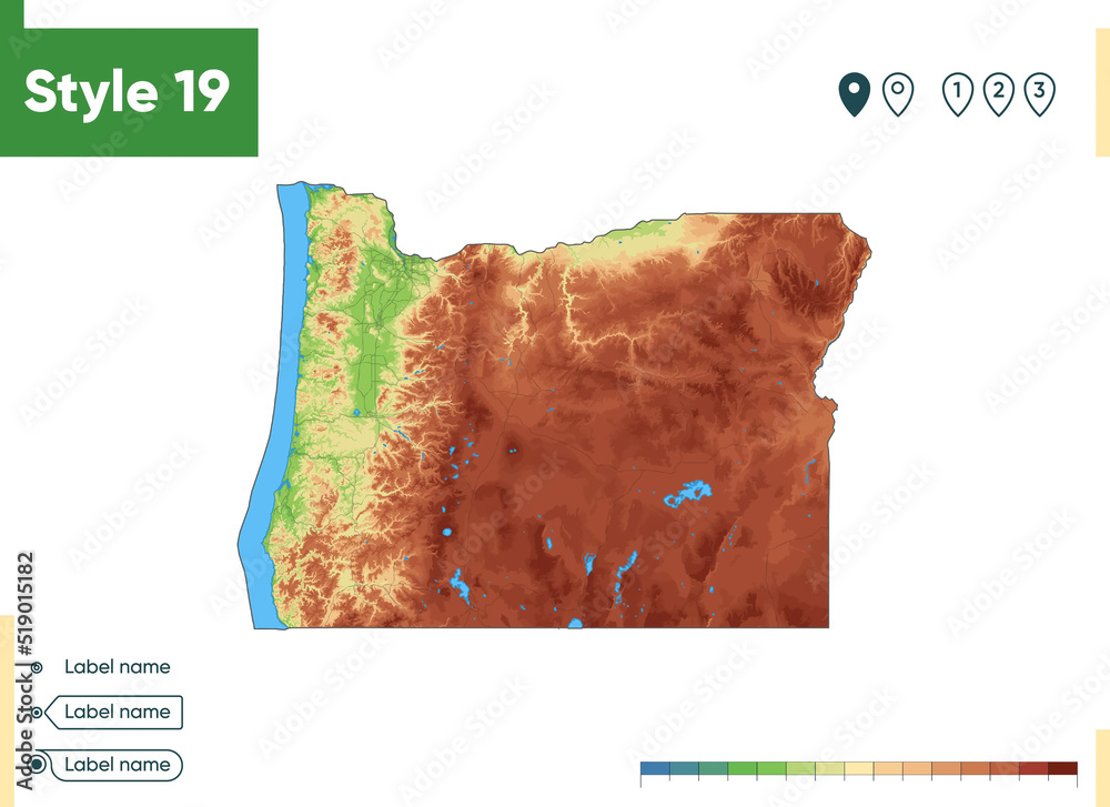 Oregon, USA - high detailed physical map. Vector map. Dem map. Stock ...