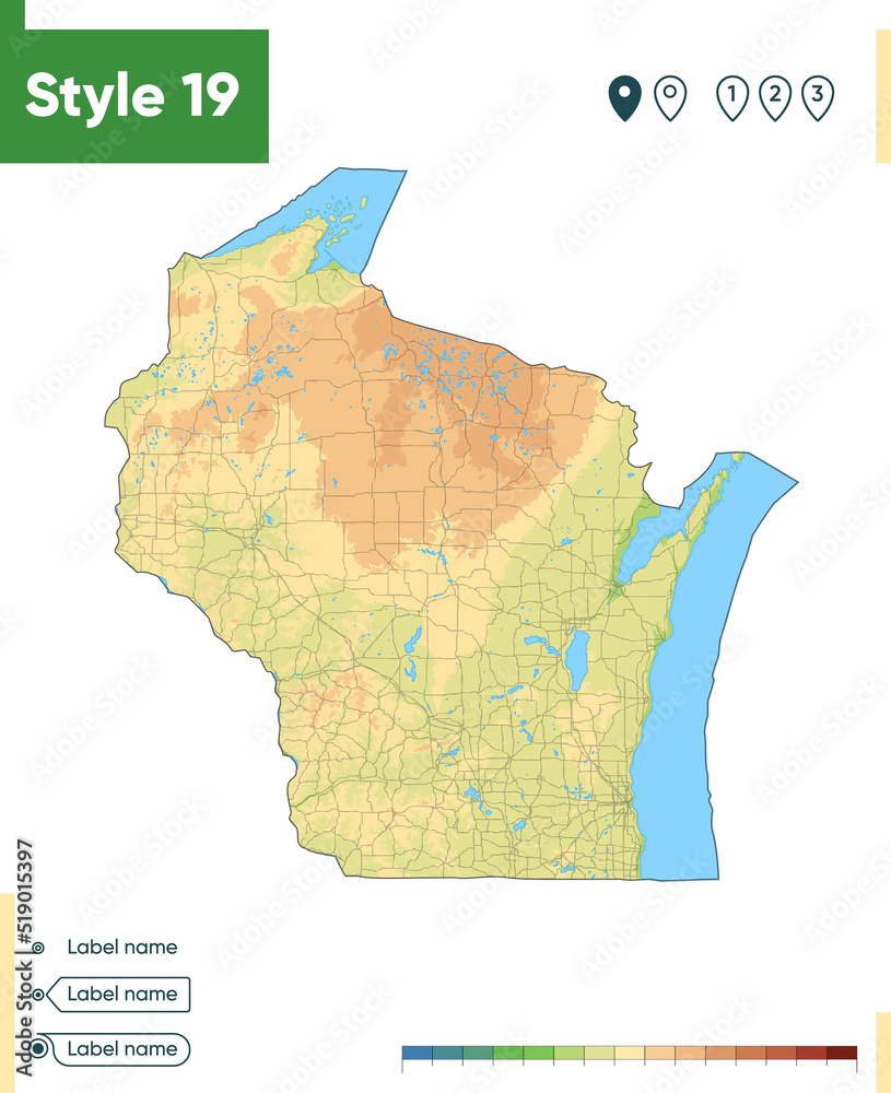 Wisconsin, USA - high detailed physical map. Vector map. Dem map. Stock ...